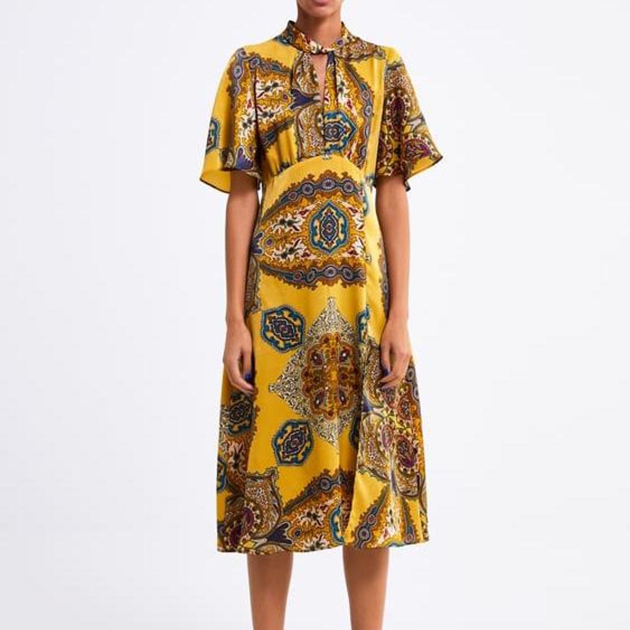 Beautiful satin yellow / gold midi dress with empire... - Depop