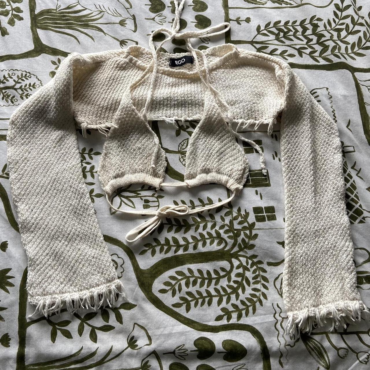 EGO distressed crochet bra and long sleeve shoulder... - Depop