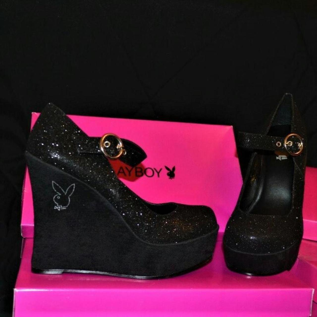 PLAYBOY Peggy Black Glitter Wedge Platform Mary... | Depop