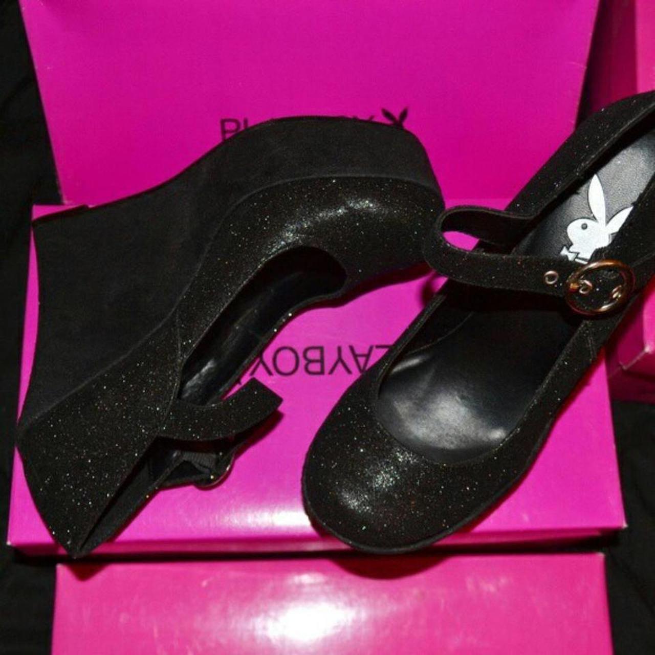 PLAYBOY Peggy Black Glitter Wedge Platform Mary... | Depop