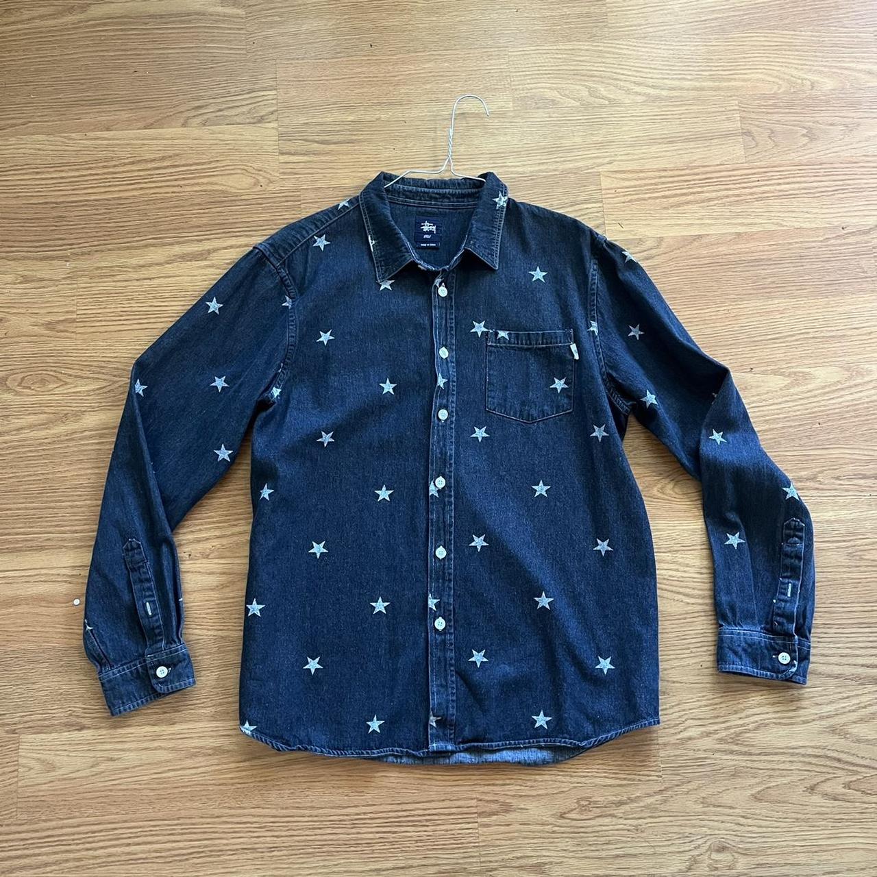 Vintage Stussy All Over Print Stars Dark Denim Long... | Depop