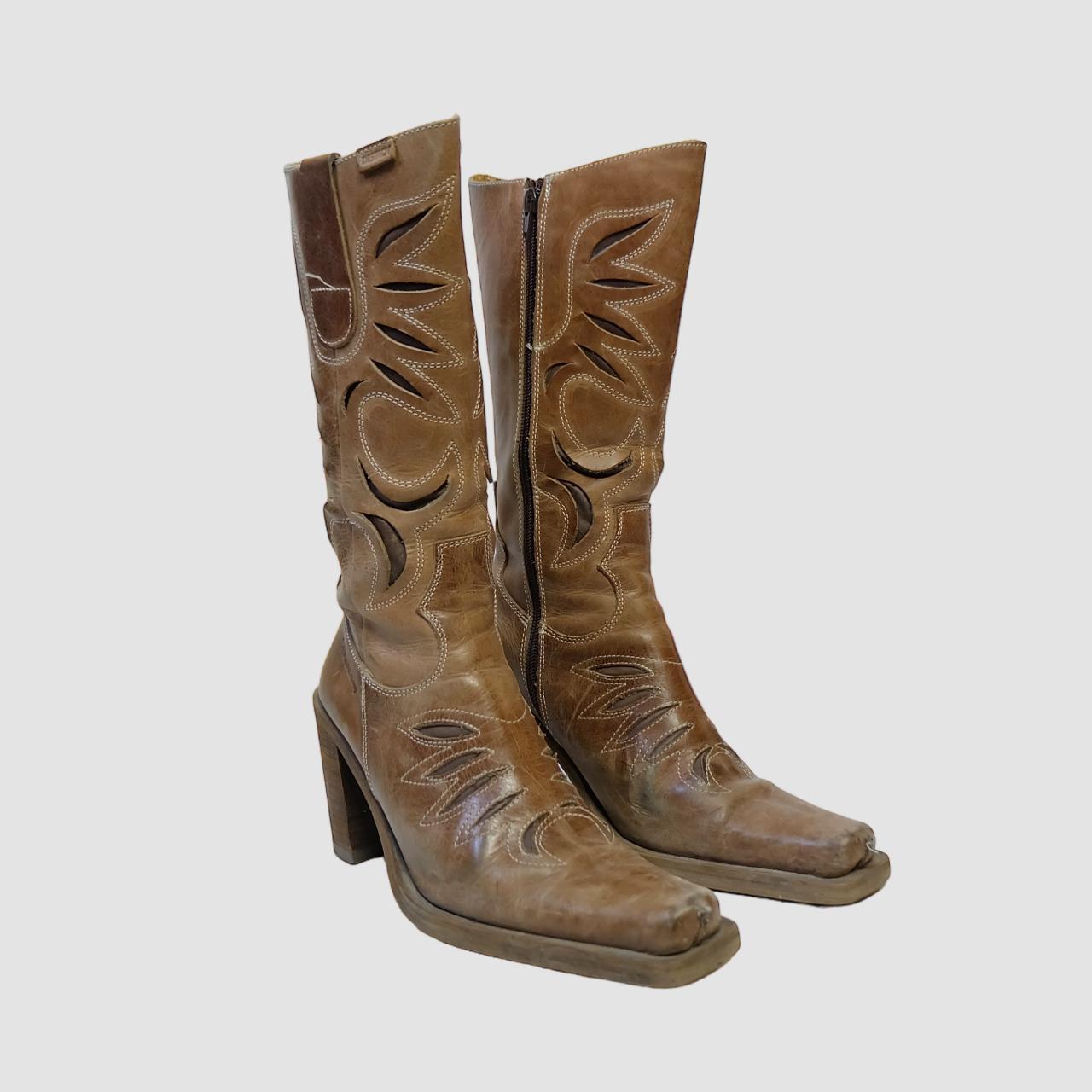 Vintage 00s 'Destroy' brown leather boots with... - Depop