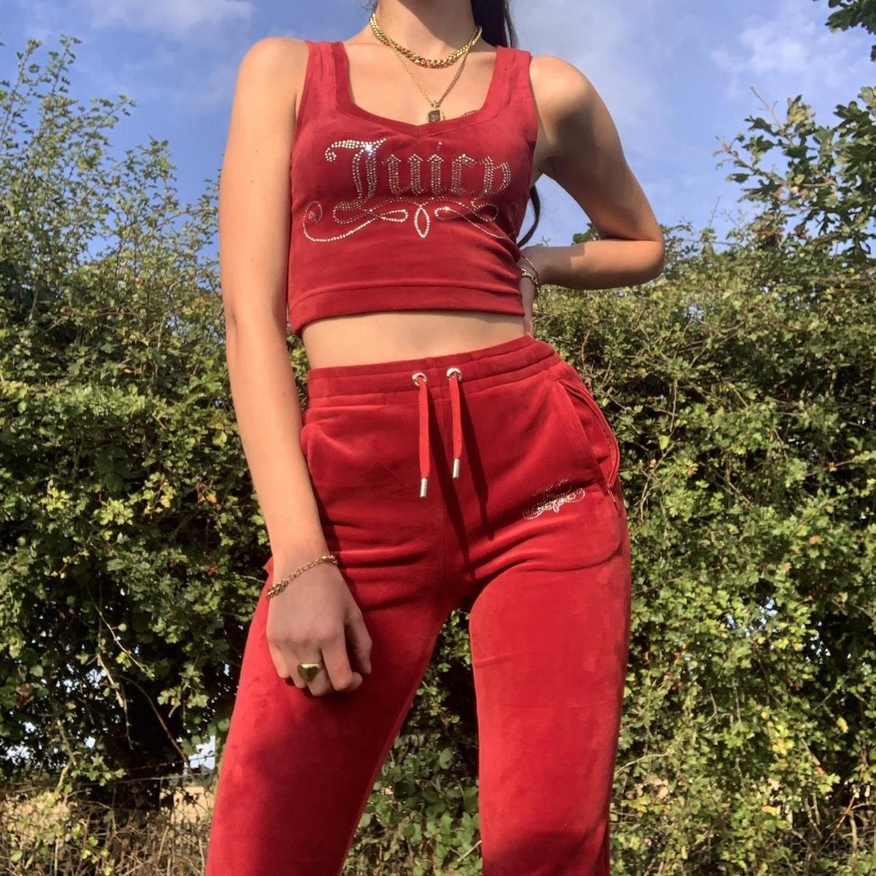Juicy Couture red velvet tracksuit bottoms & cropped... | Depop