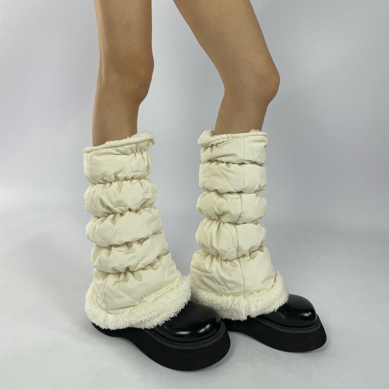 Y2k 2000s Beige puffer patchwork fleece leg warmers... | Depop