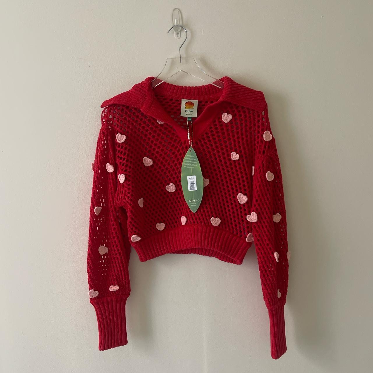 Farm Rio Handmade Hearts Knit Sweater in Red and... - Depop