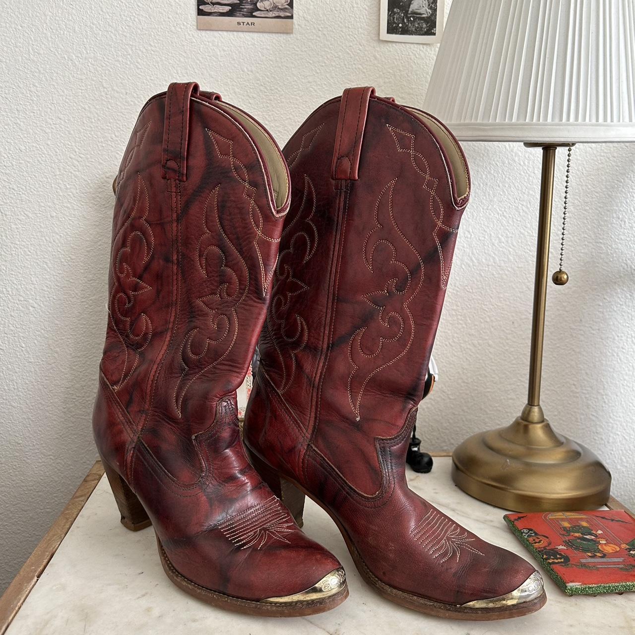 Acme red heeled cowboy boots with a silver toe... - Depop