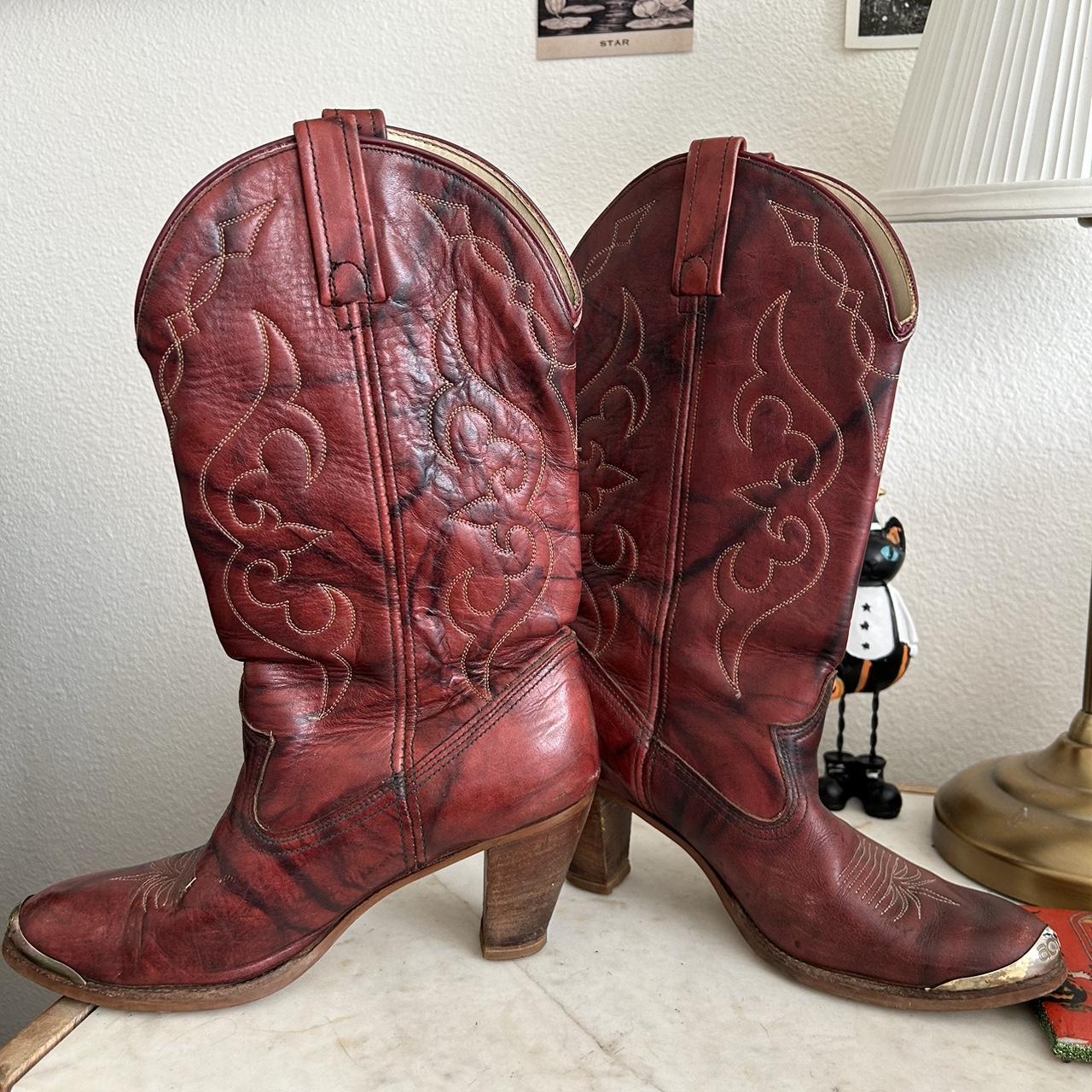 Acme red heeled cowboy boots with a silver toe... - Depop