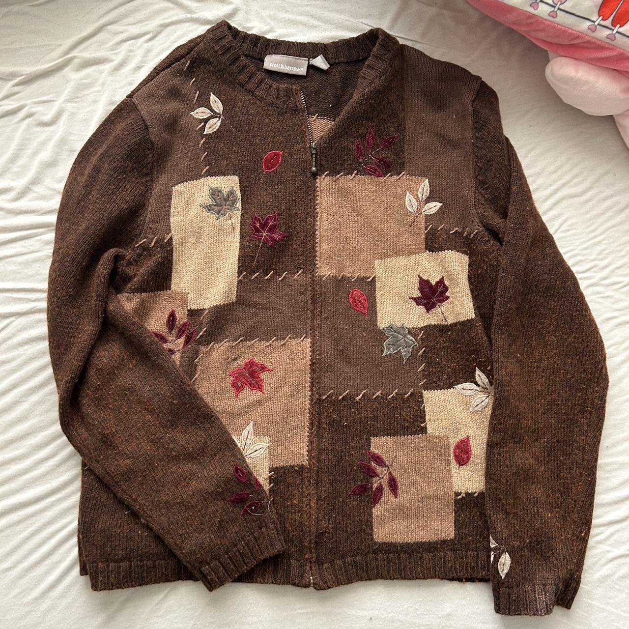 Autumn brown wool patchwork jacket with leaves. Size... - Depop