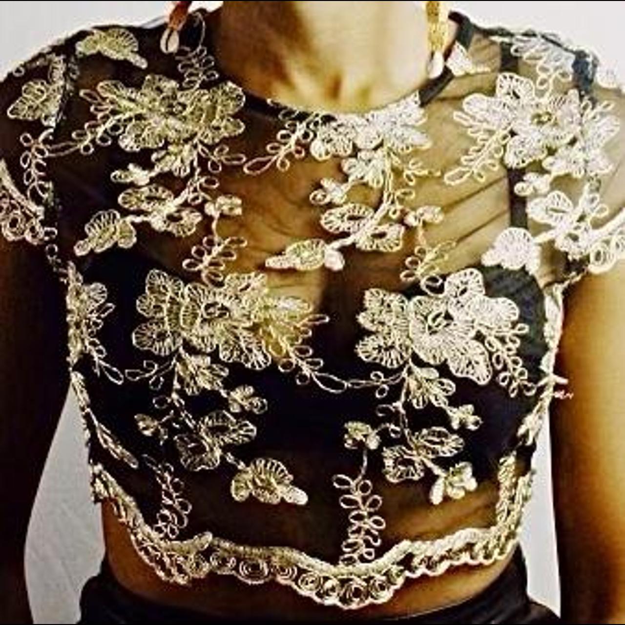 Black & Gold Sheer Embroidery Crop Top This top was... - Depop