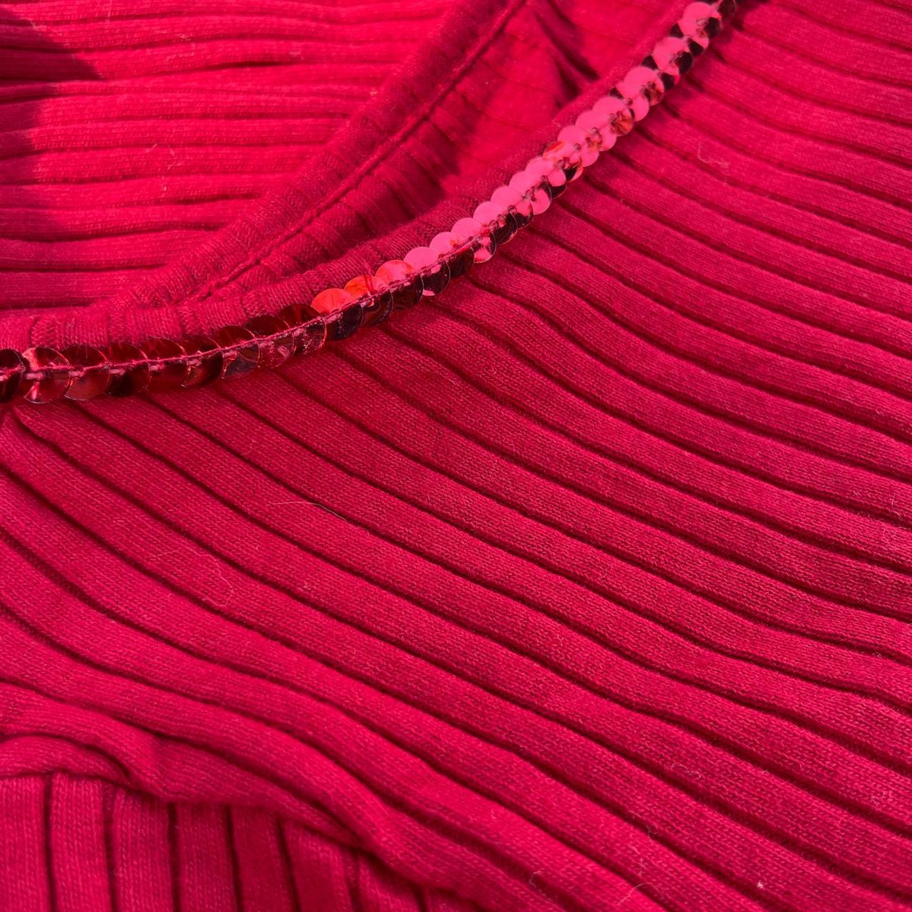 90's ribbed red shirt with sequined neckline Wide... - Depop
