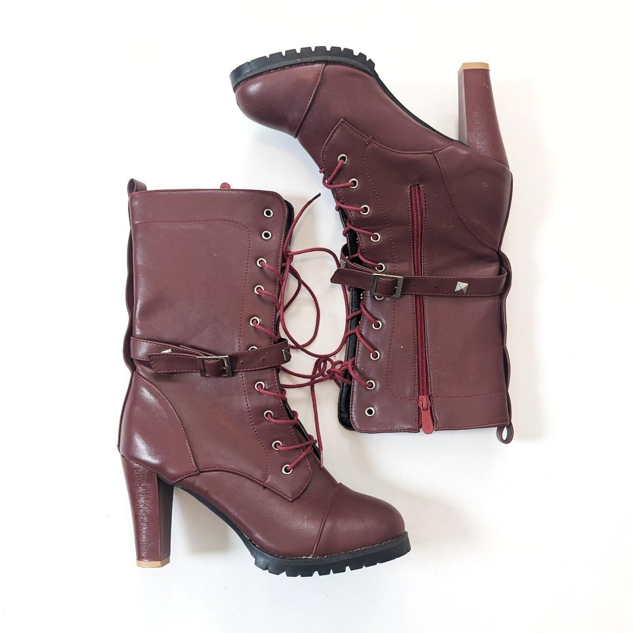 burgundy red high heel lace up boots with studded... - Depop