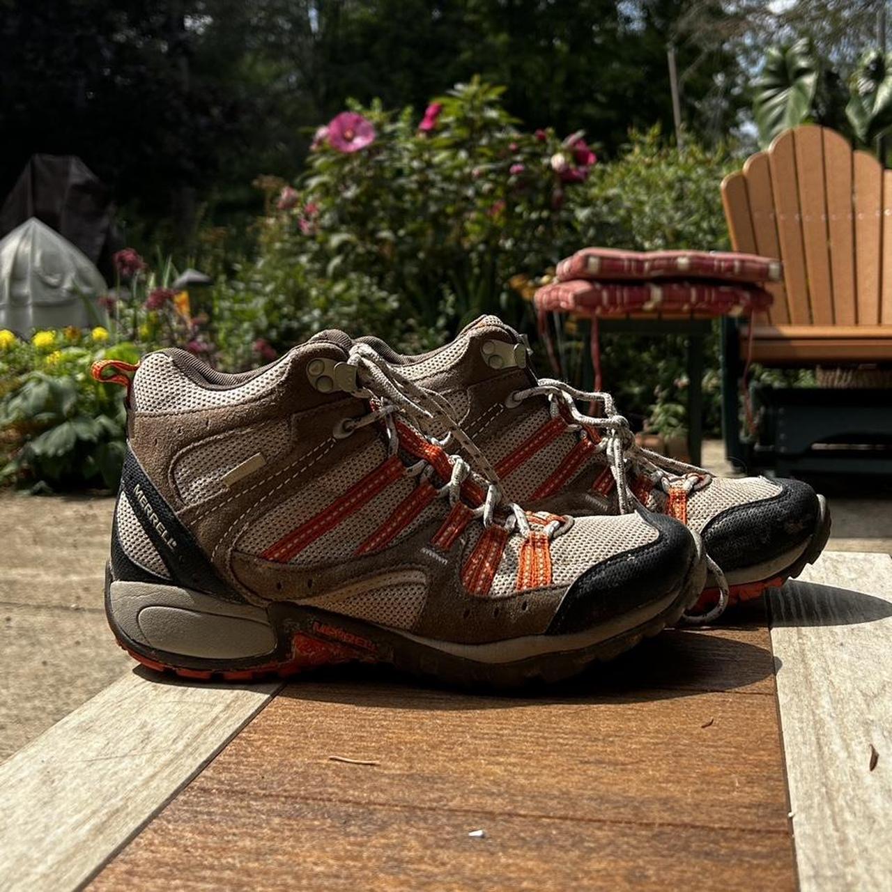 Merrell orange and brown hiking boots gently... - Depop