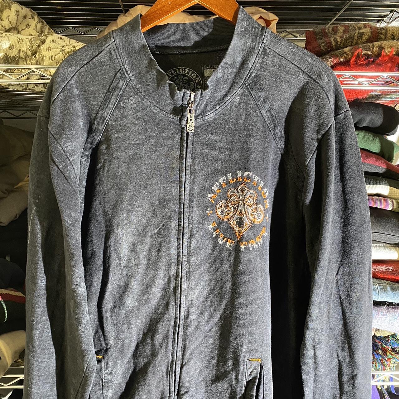 Affliction cross,& wings acid wash gray full zip... - Depop