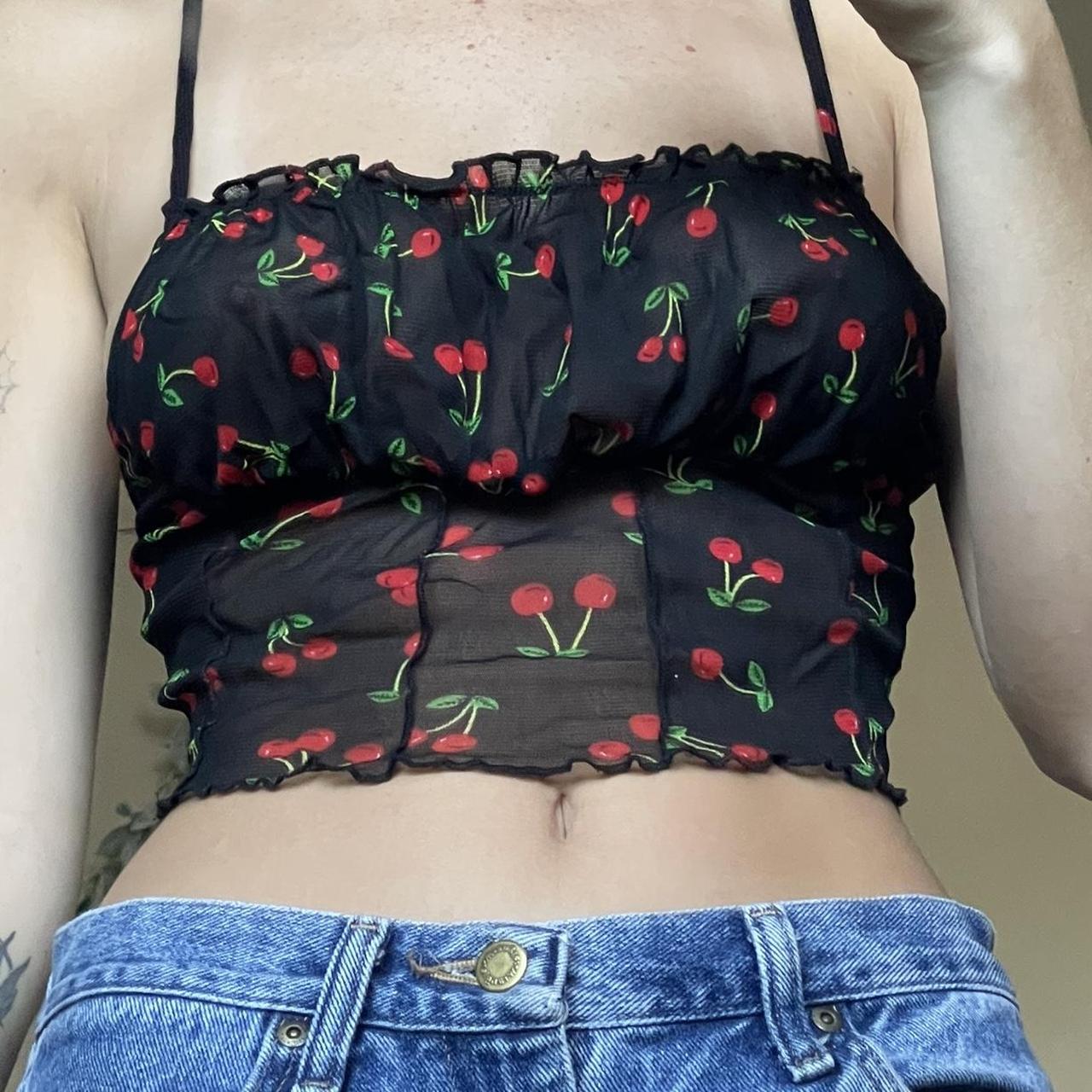 Cute lil sheer mesh cherry top! No tag, would say... - Depop