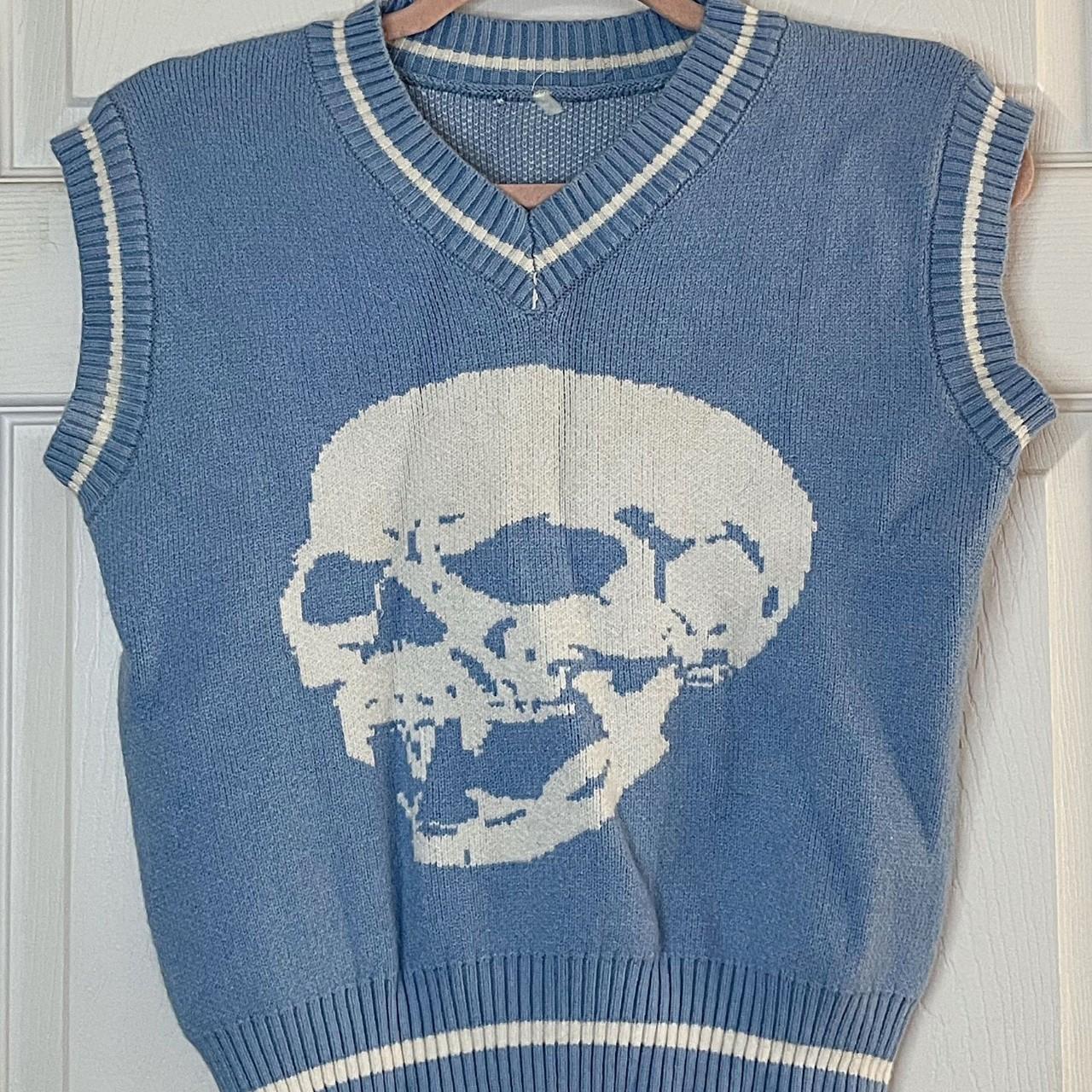 Blue Skull Knit Vest Size M This blue knit vest is... | Depop