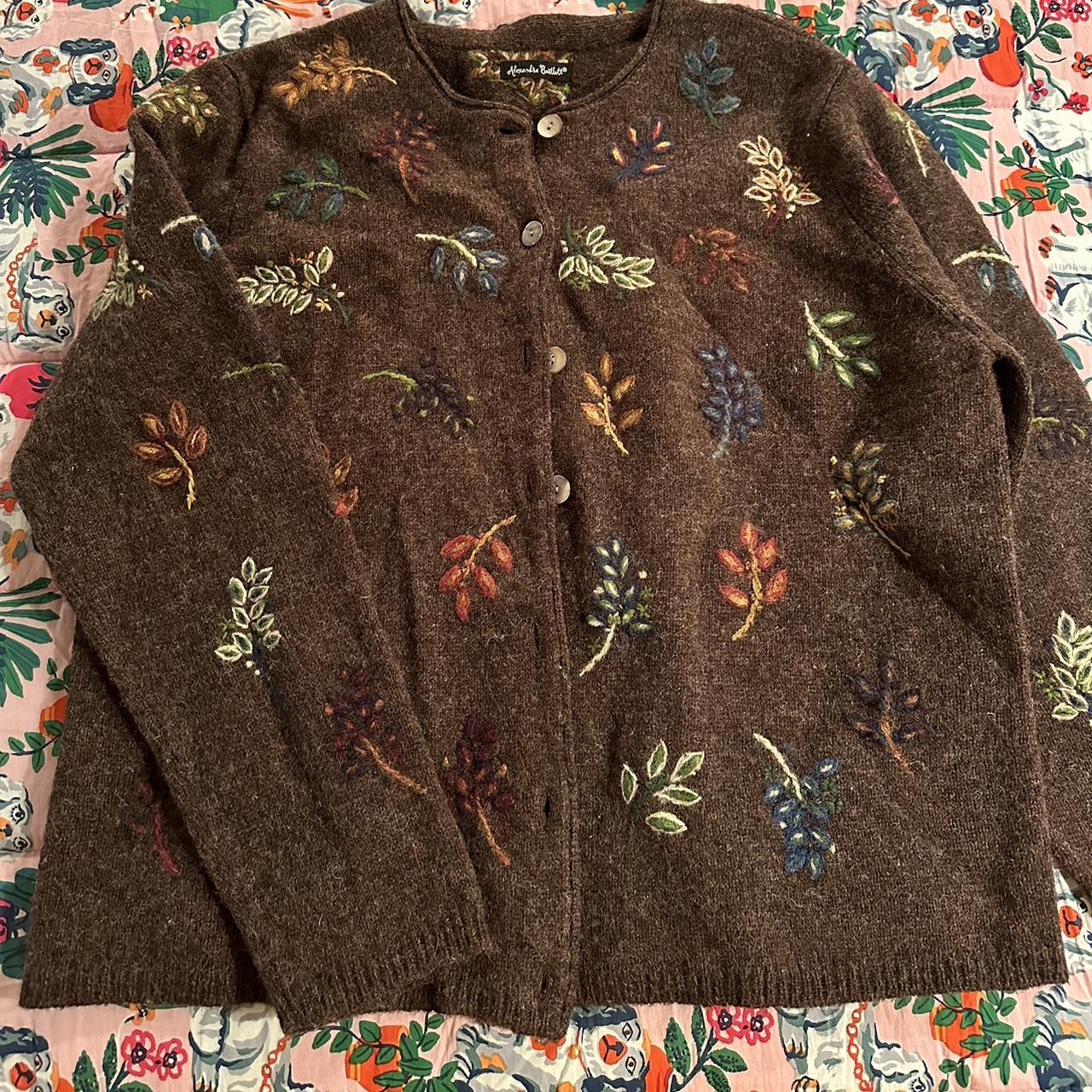 vintage brown fall themed floral wool cardigan size... - Depop