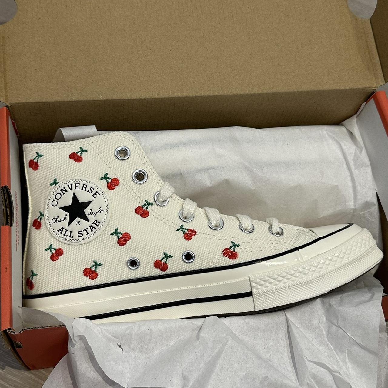 Converse chuck 70 hi cherry trainers in cream. Size... - Depop