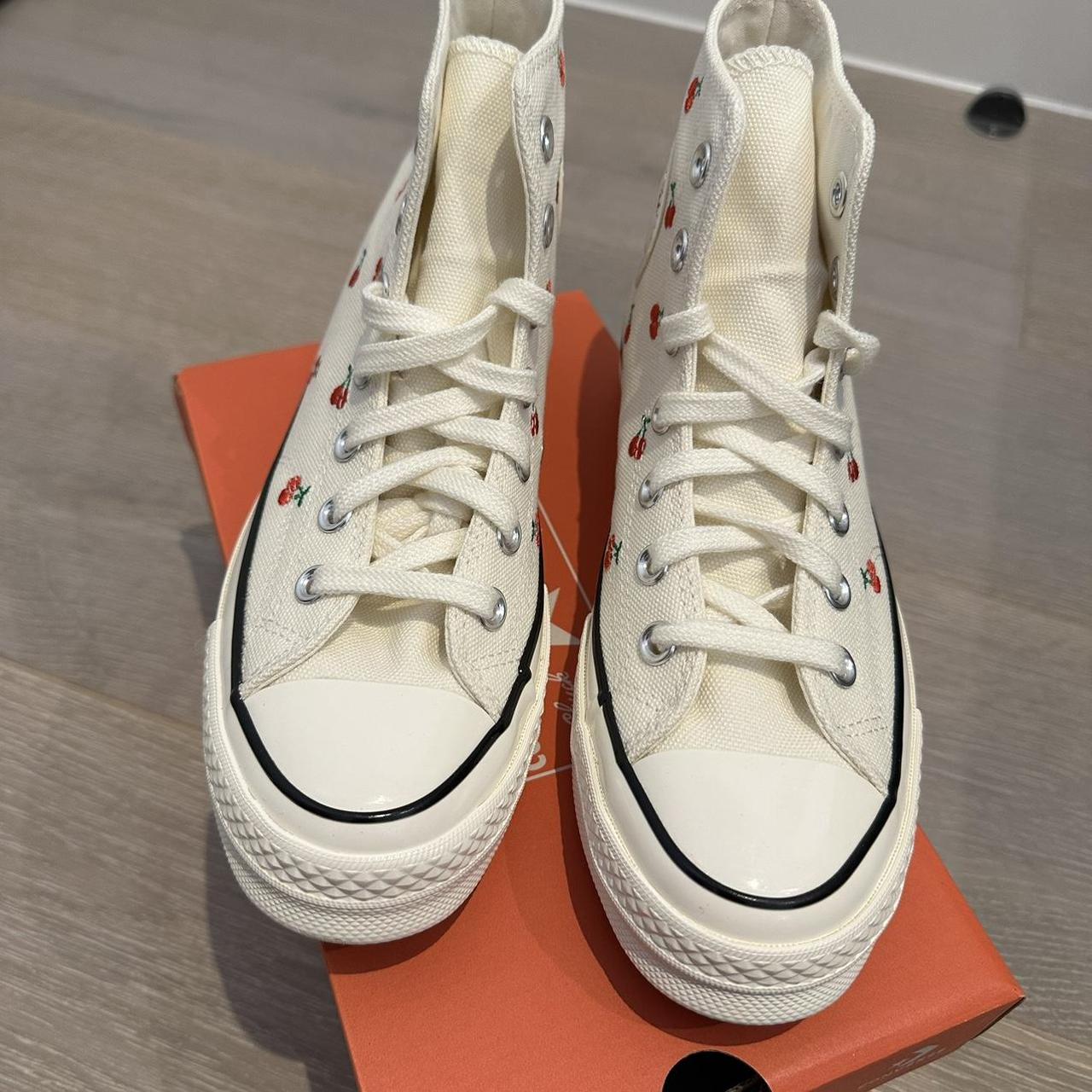 Converse chuck 70 hi cherry trainers in cream. Size... - Depop