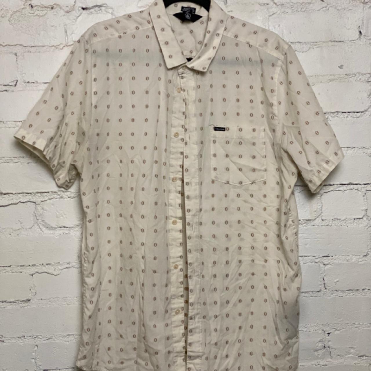 Volcom Button Down Shirt White with gold pattern... - Depop