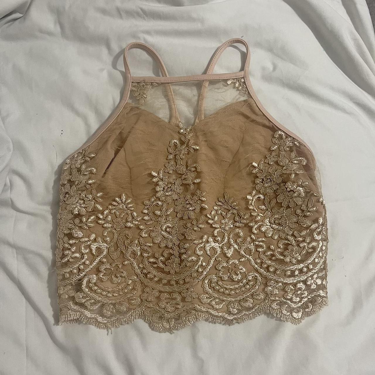 Cream/gold embroidered crop top River island Size... - Depop