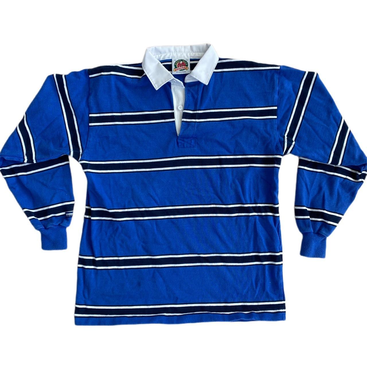 rugby wear barbarian blue black and white striped... - Depop
