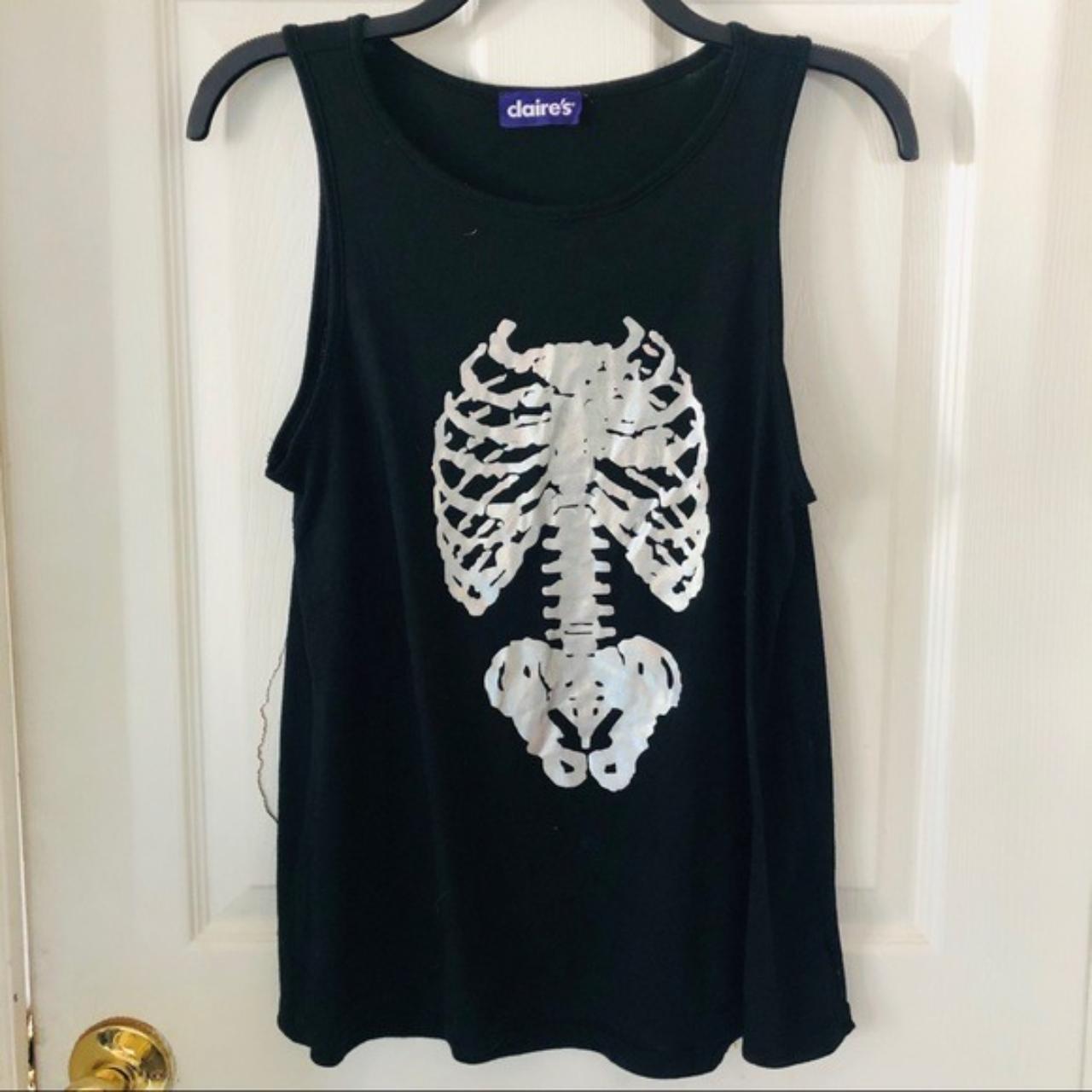 CLAIRES black silver metallic skeleton shirt SZ... - Depop