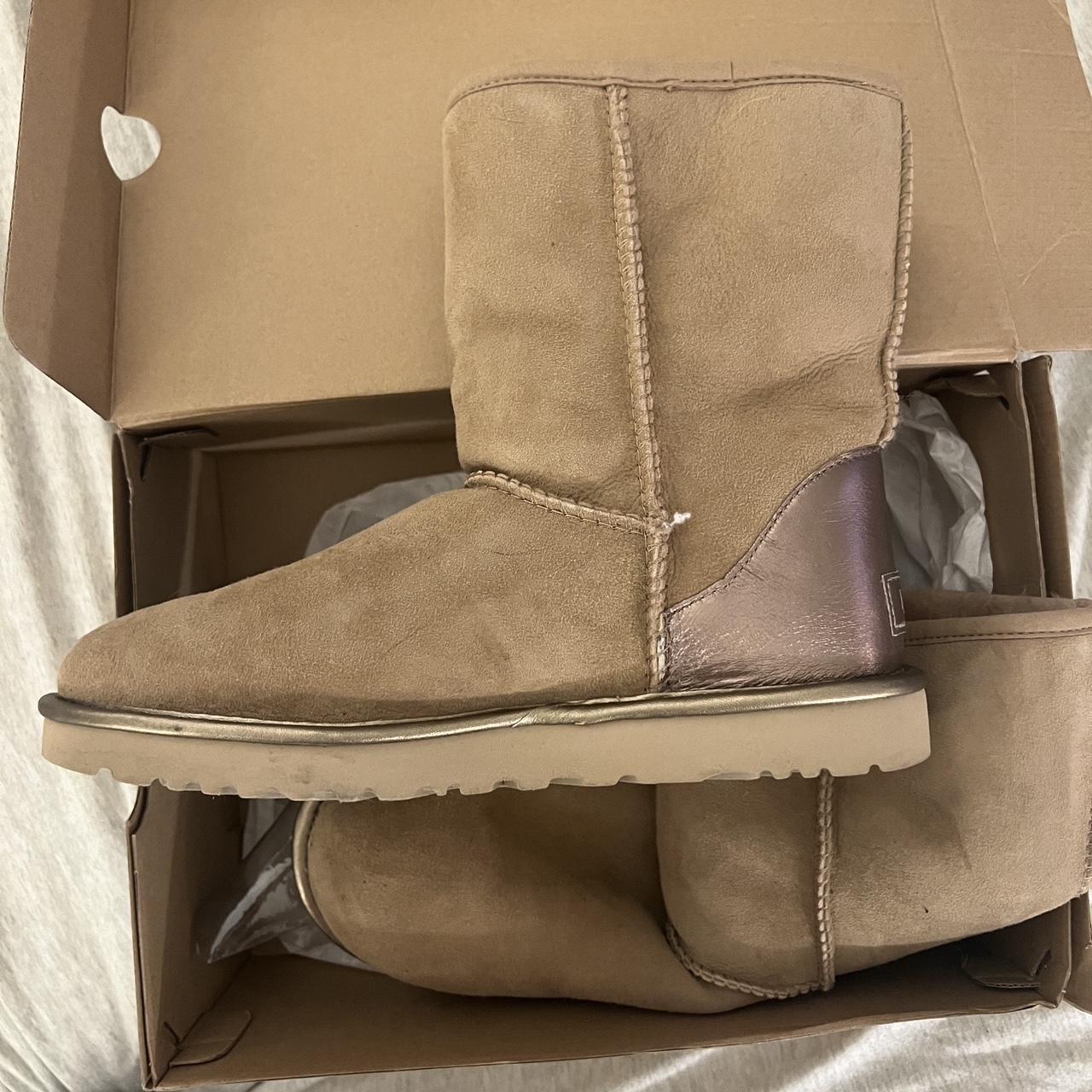 Short light brown uggs with metallic detail, small... - Depop