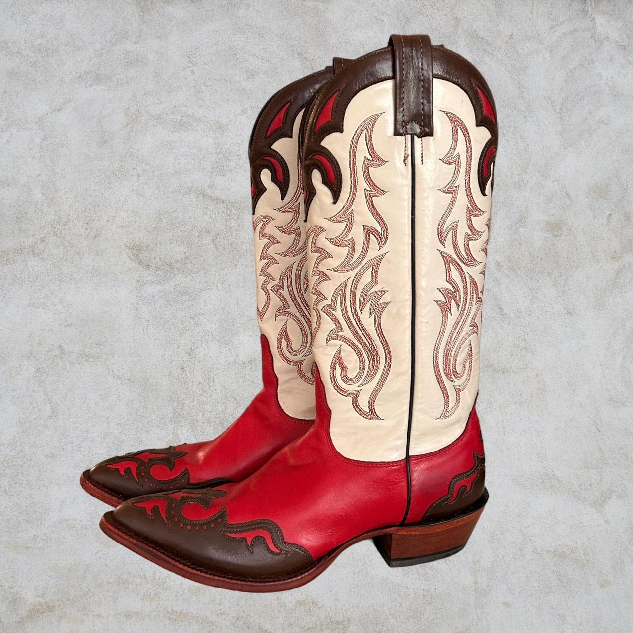 INCREDIBLE red, cream, and brown cowboy boots!... - Depop