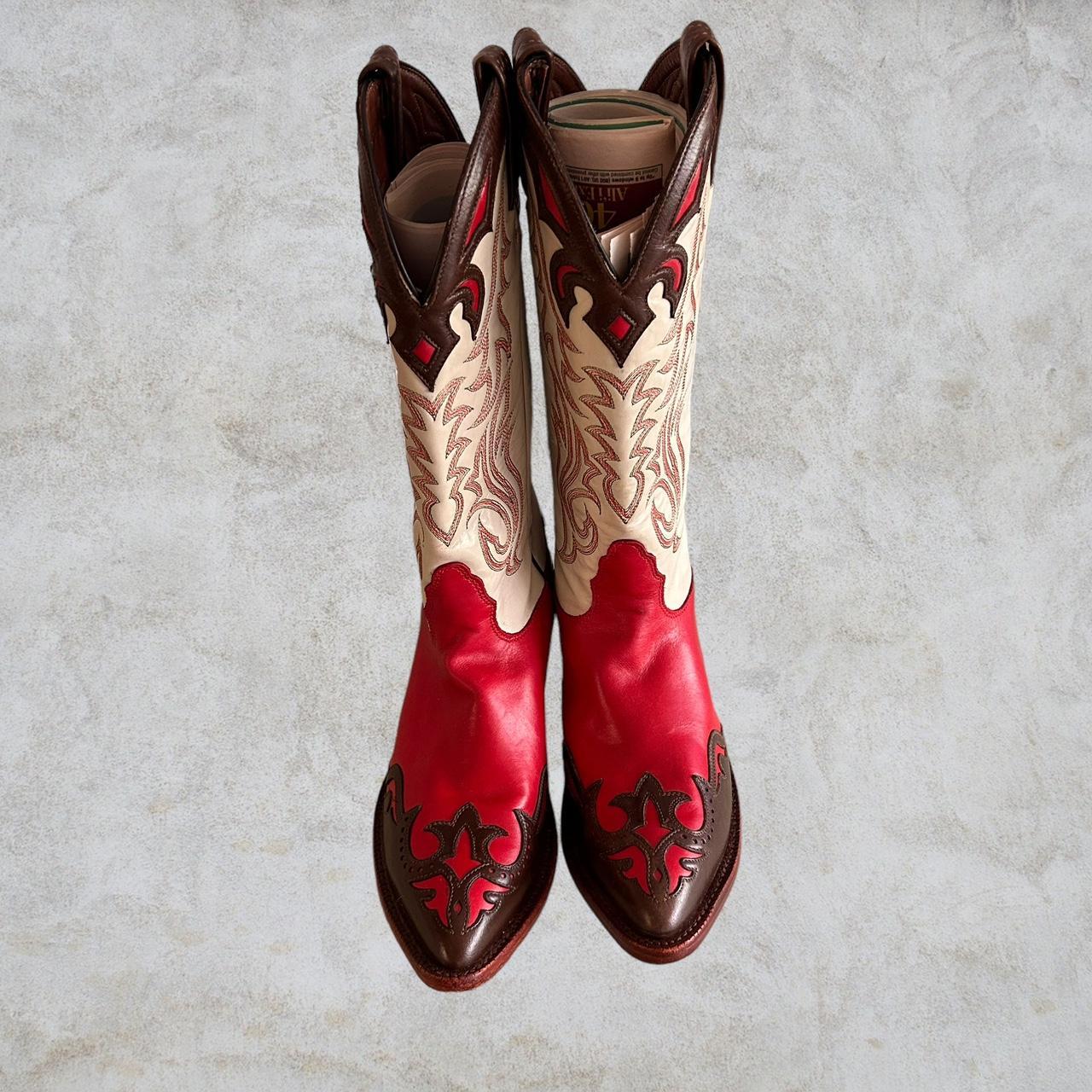 INCREDIBLE red, cream, and brown cowboy boots!... - Depop