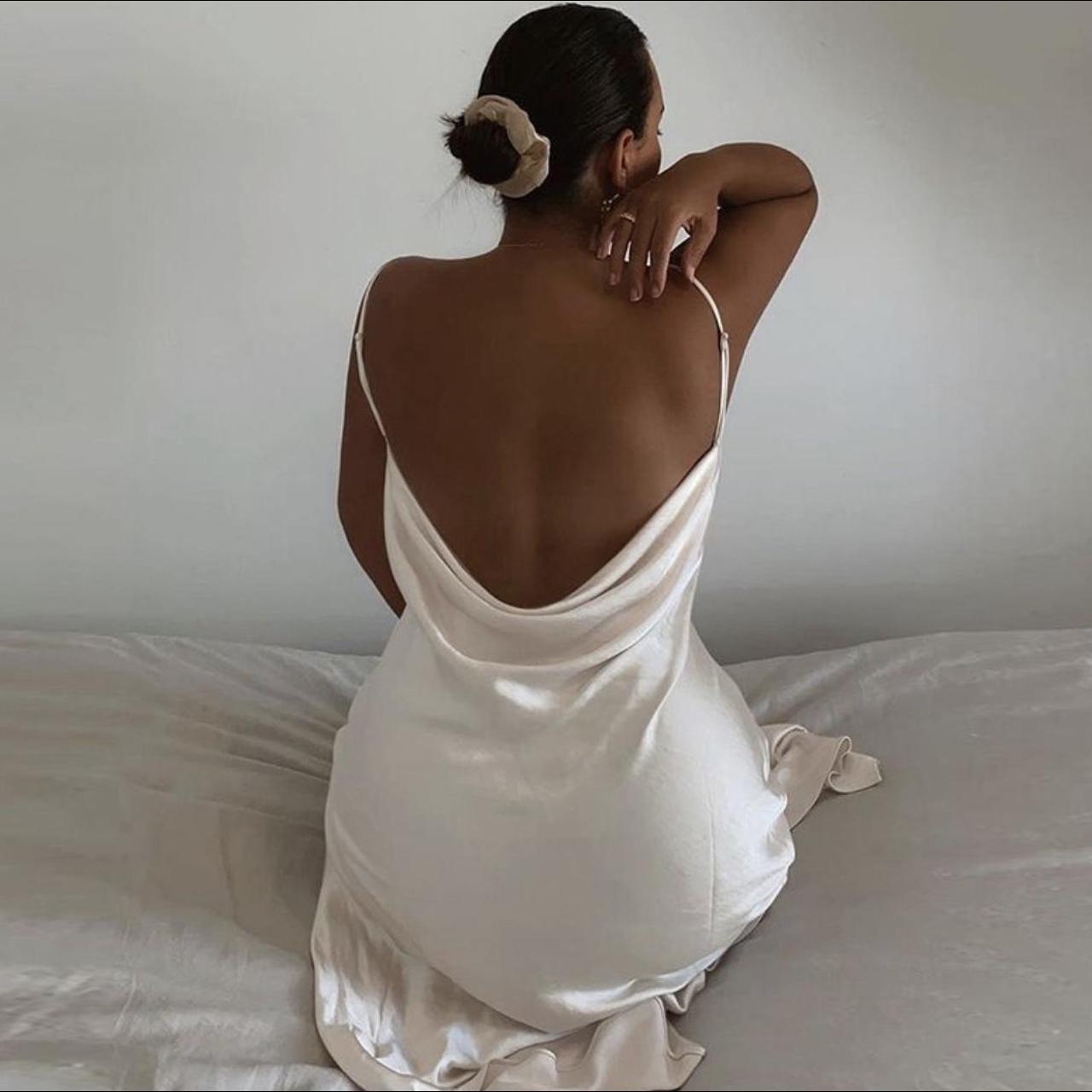 Champagne color, strappy open back midi slit sheath... - Depop