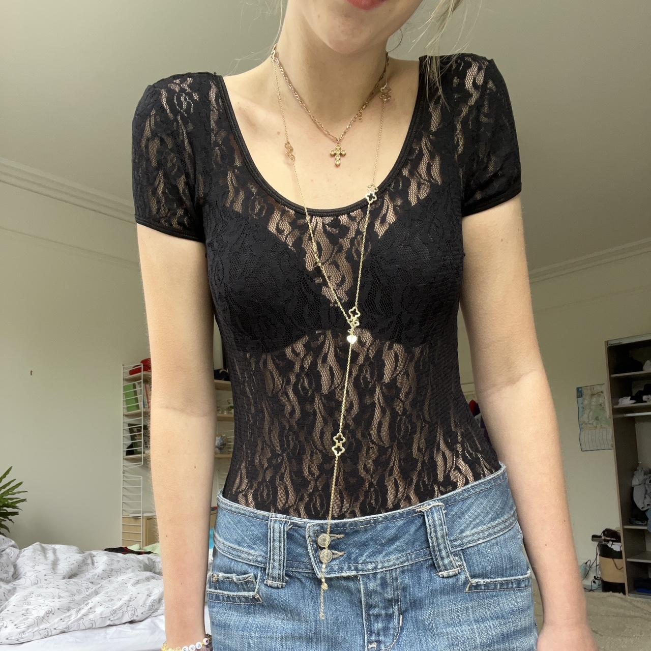 Beautiful Black Lace Sheer Mesh Bodysuit Black Depop