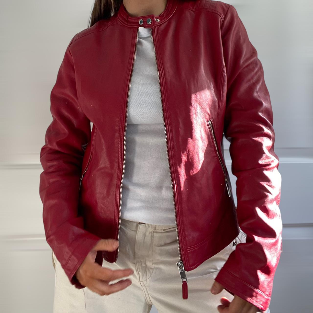 Red Vintage Leather Jacket Pinterest staple... - Depop