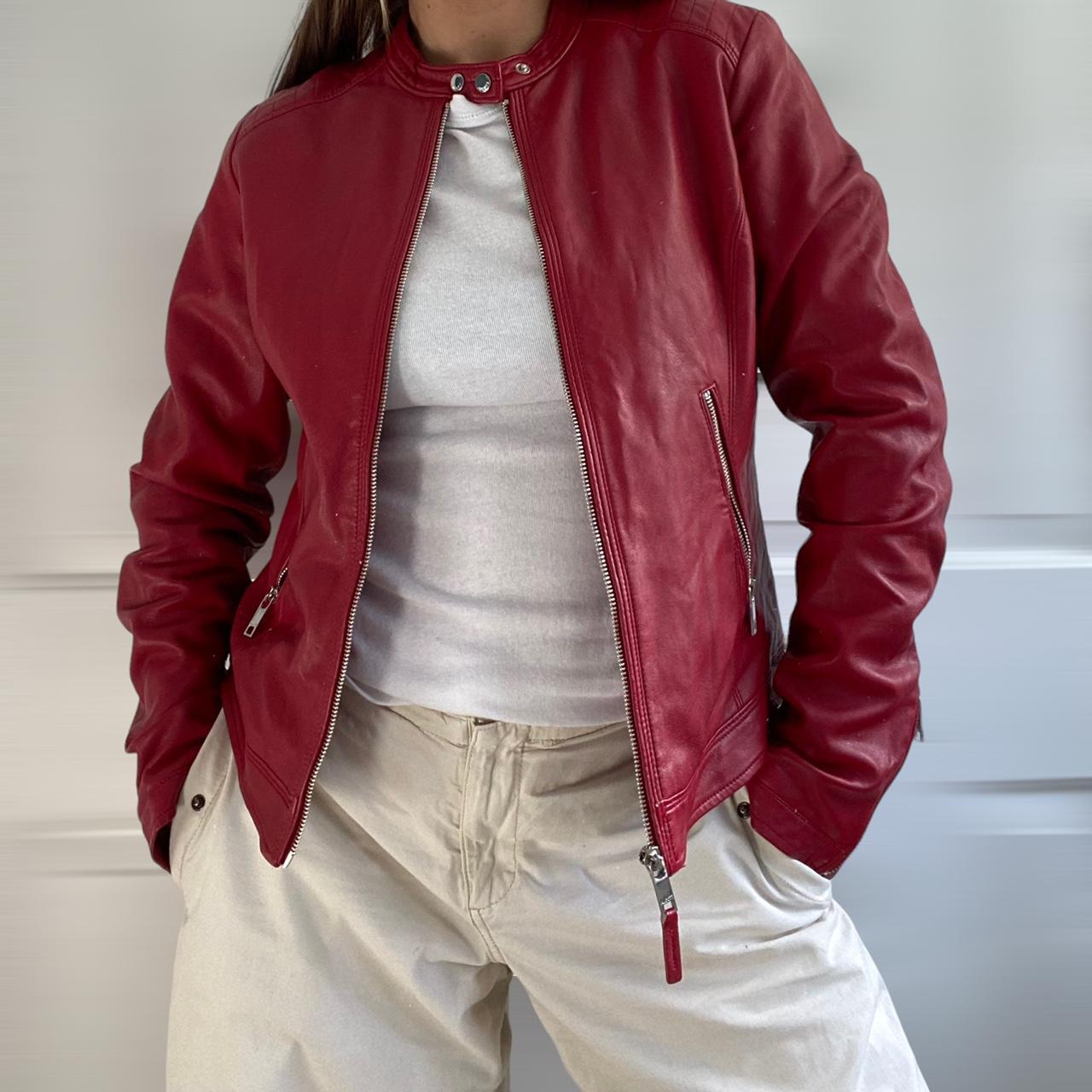 Red Vintage Leather Jacket Pinterest staple... - Depop