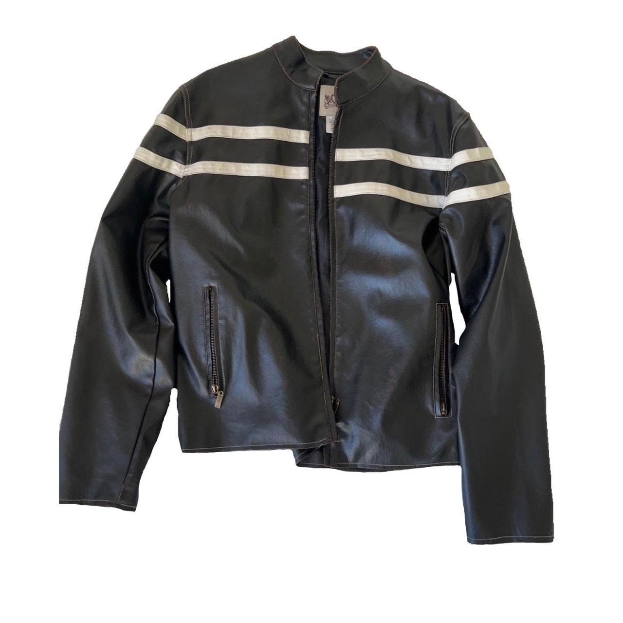 Toxic Hazard black leather jacket with white stripes... - Depop