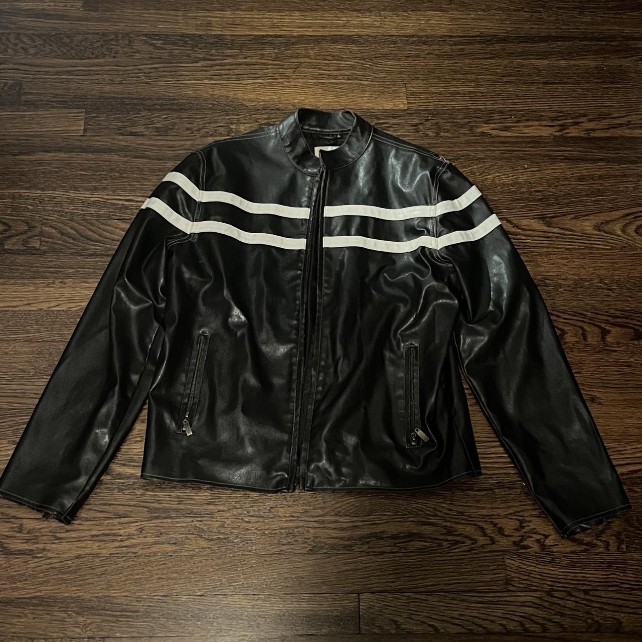 Toxic Hazard black leather jacket with white stripes... - Depop