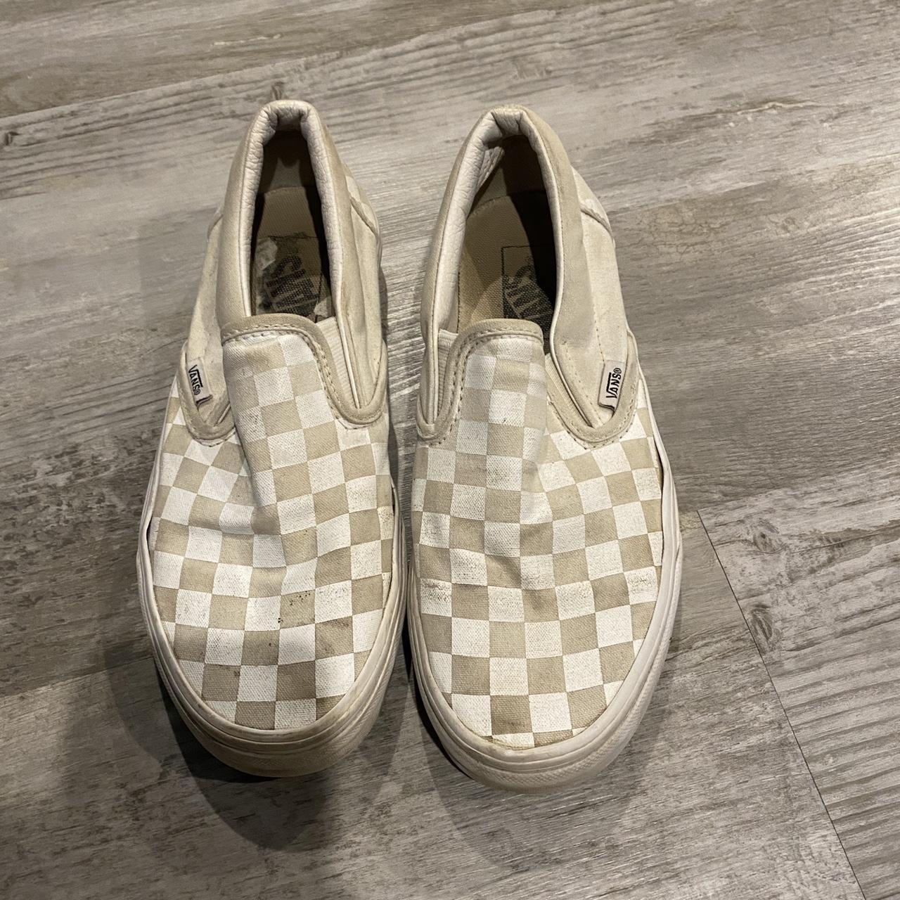 beige and white checker print slip on vans! pretty... - Depop