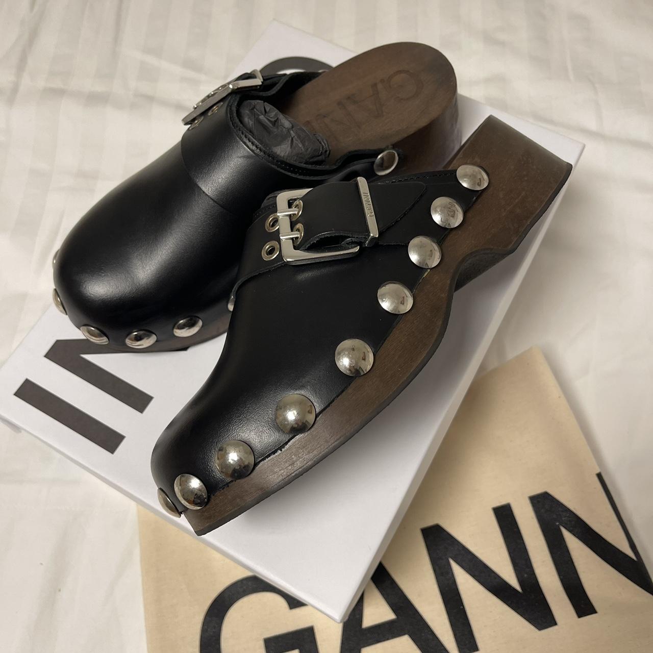 Ganni black leather clogs with exaggerated silver... - Depop