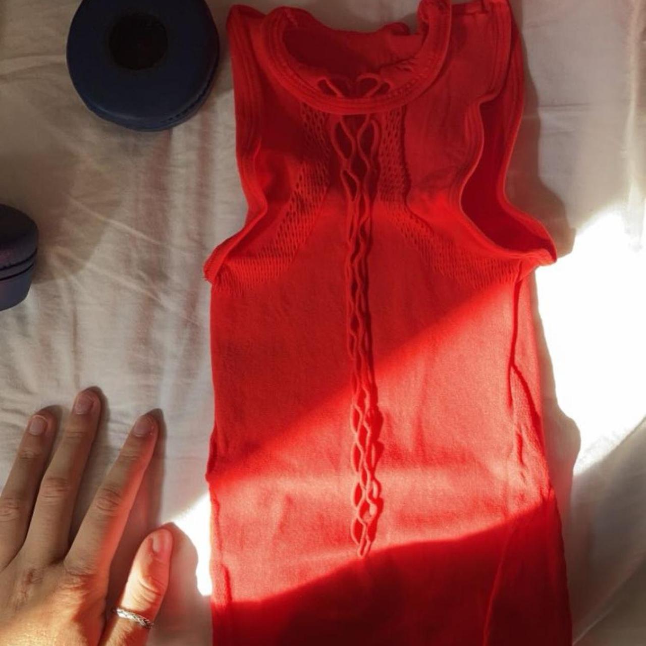 Orange/Red fishnet style top with detachable sleeves... - Depop