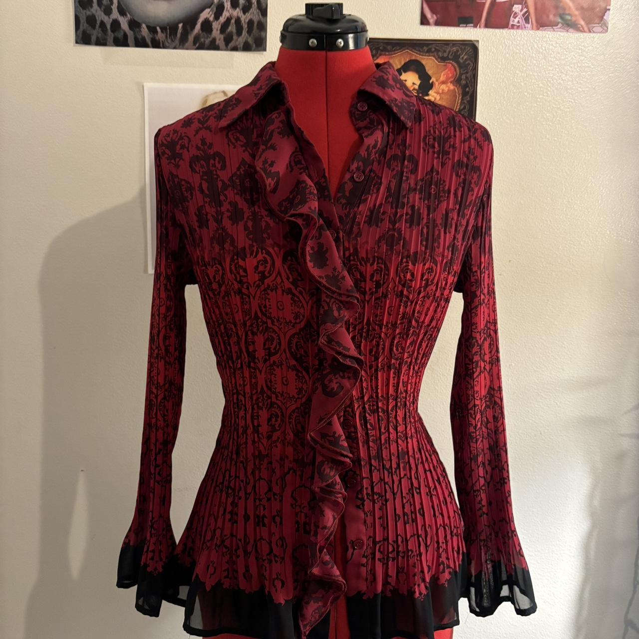 y2k ruffled flare sleeve blouse - black trim along... - Depop