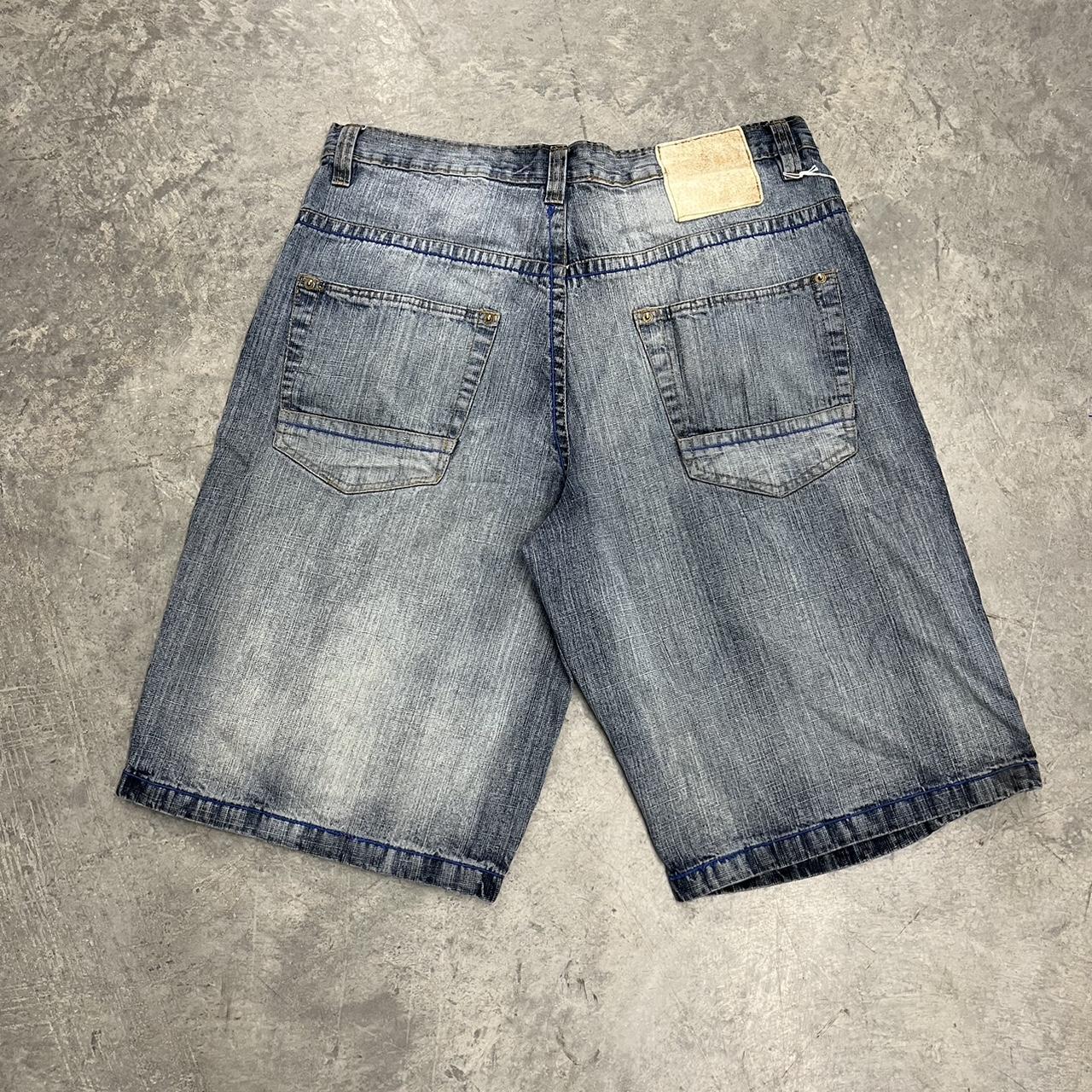 Y2K Akcess Faded Blue Stitched Baggy Skater Jorts... - Depop