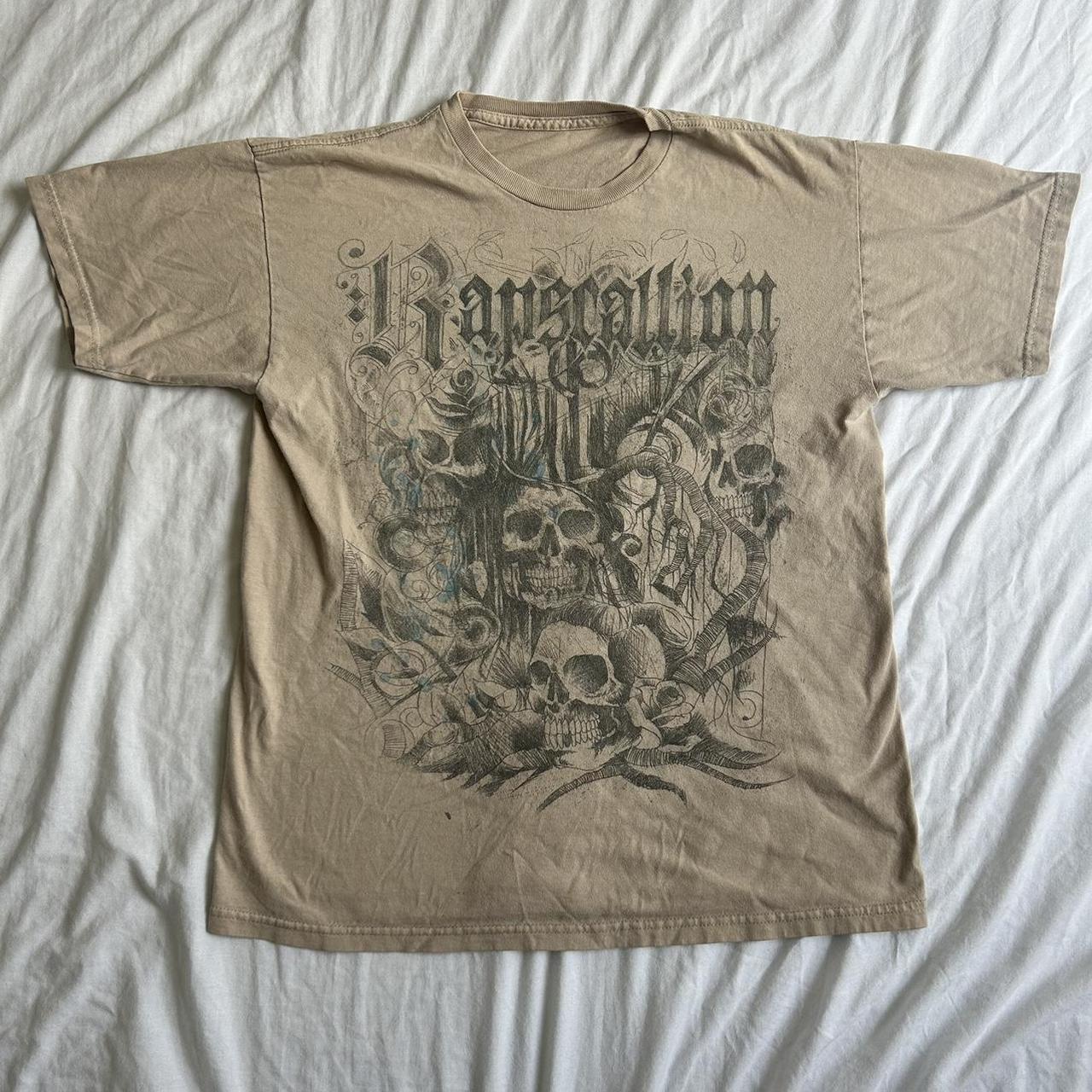 y2k grunge skull tee ★ marks on item cream/tan... - Depop