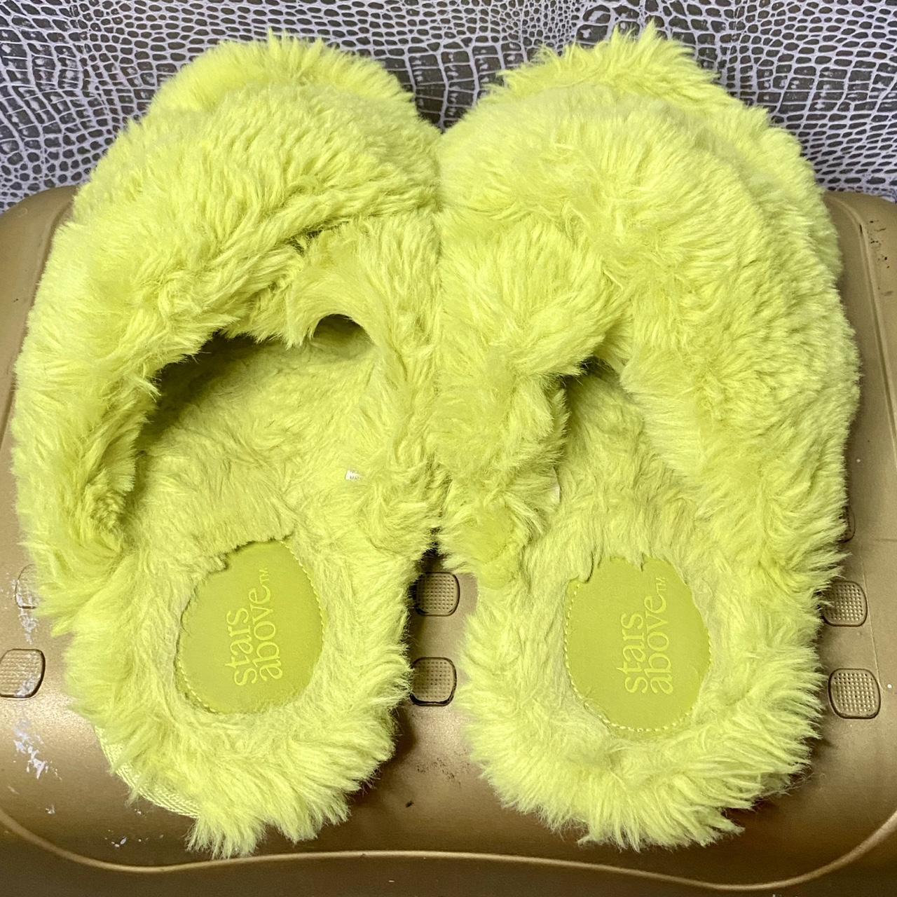 Target Lime Green Fluffy House Slippers Has some... - Depop