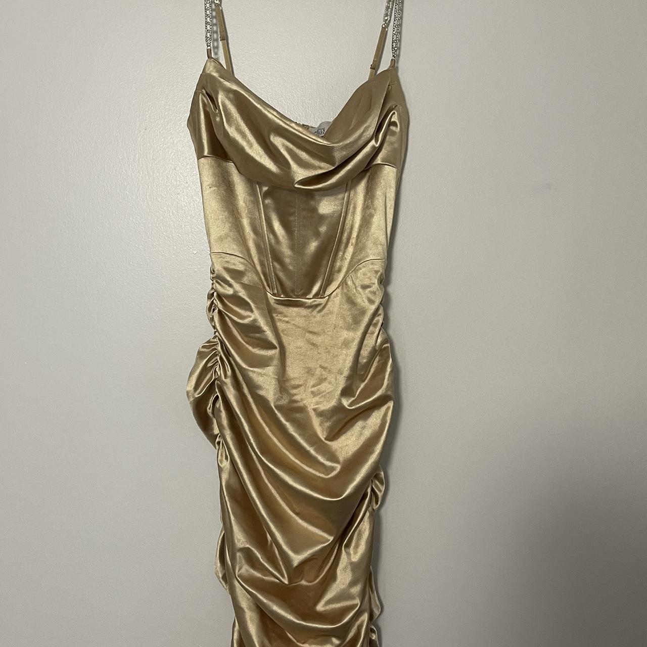 Maxi gold ruched dress from oh polly. Worn once for... - Depop