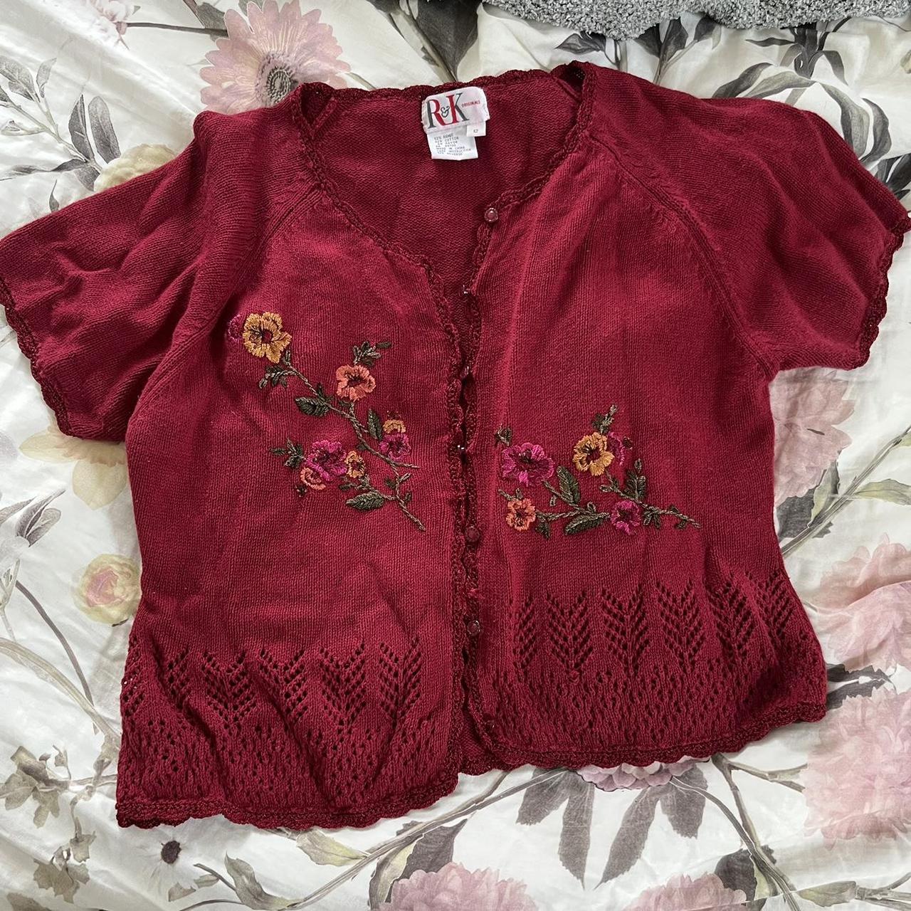 red embroidered floral cardigan size 12 cute... - Depop