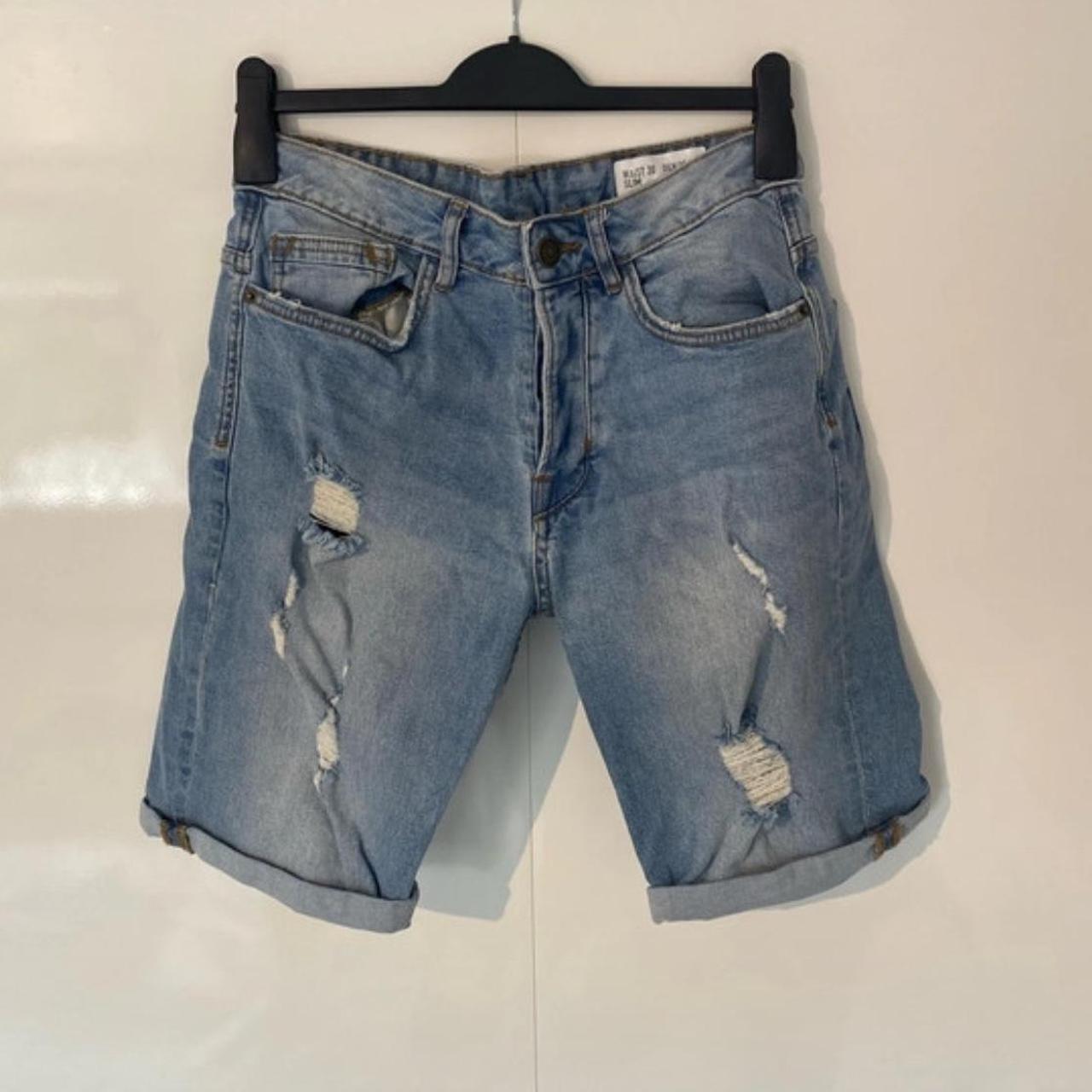 Blue ripped denim shorts Size 30W Worn - great... - Depop
