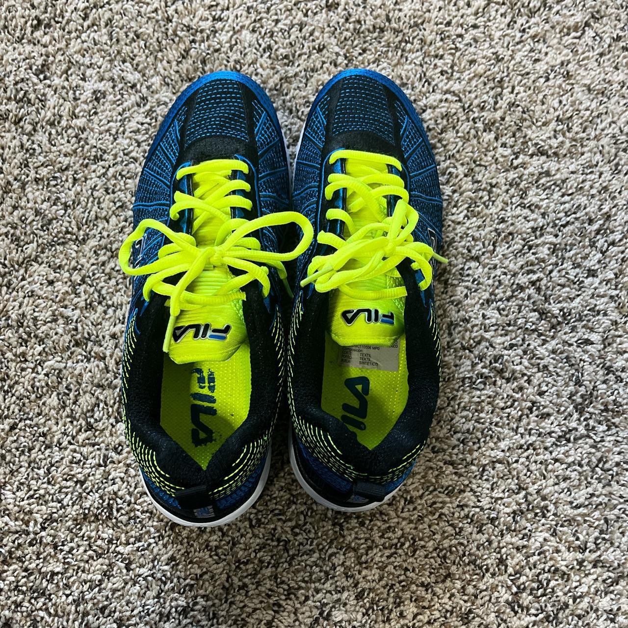 Fila blue and highlighter green sneakers. The shoes... - Depop