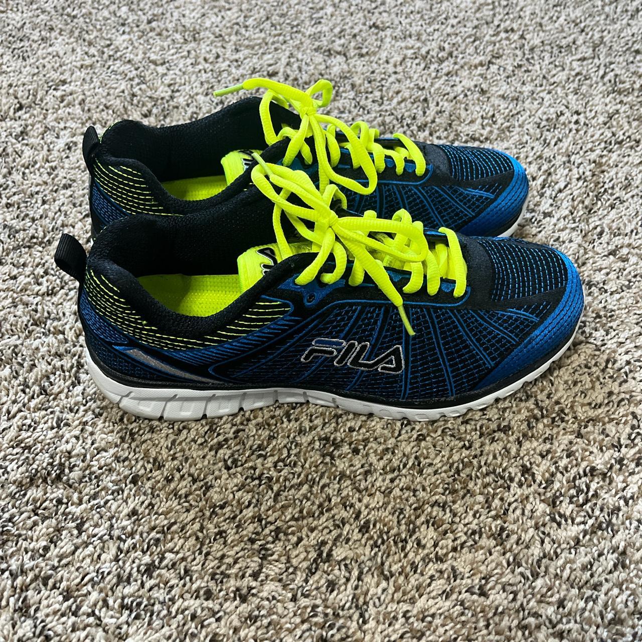 Fila blue and highlighter green sneakers. The shoes... - Depop