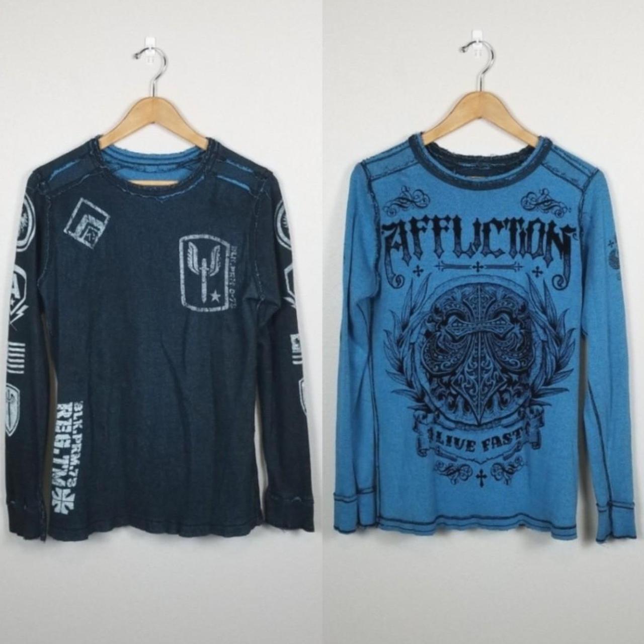 Affliction Reversible Blue Front and Back Graphic... - Depop