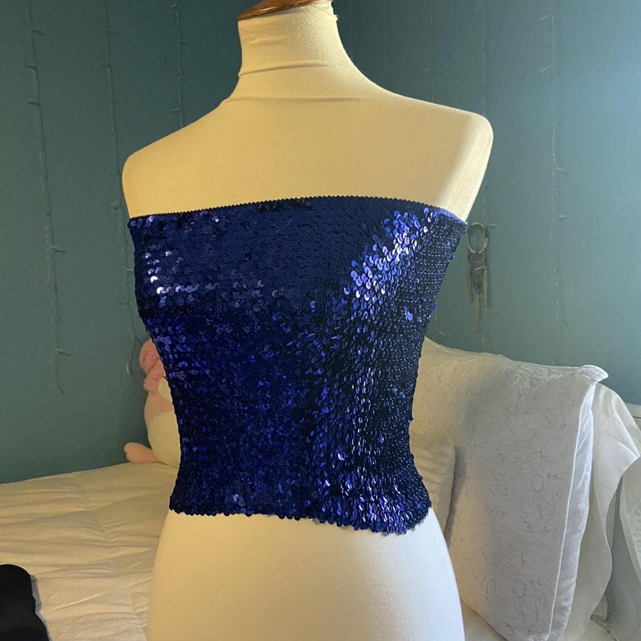 blue sequin tube top very stretchy would fit a S-M - Depop