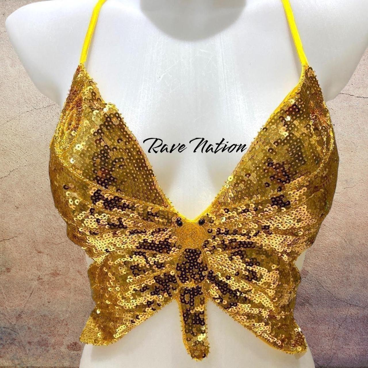 Gold sequin Y2K butterfly top. Gold rave top. Sequin... - Depop